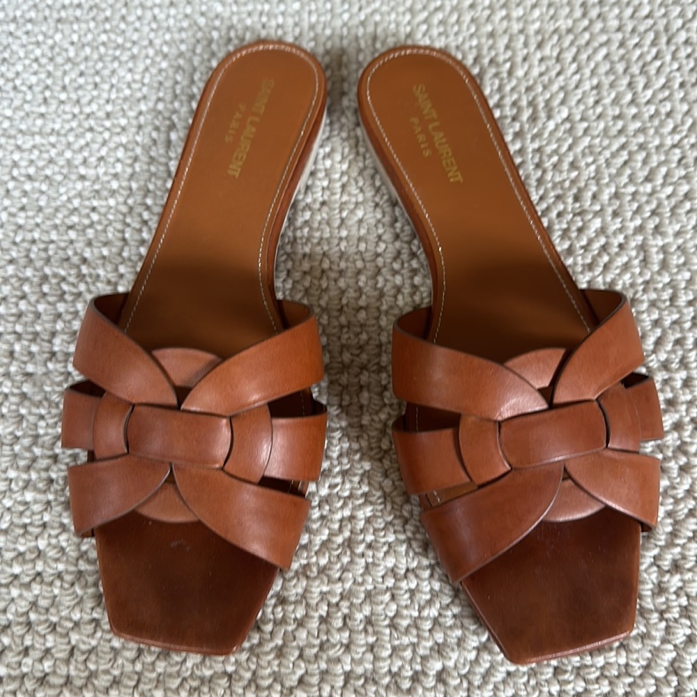 Ysl Tribute Mules Slides Flat Sandals Brown - Gem